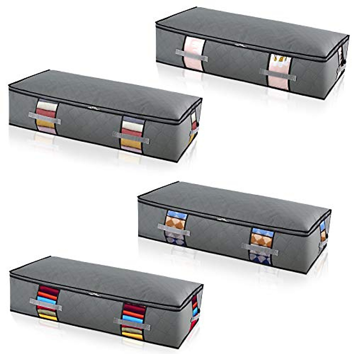 Extra-Large Under Bed Storage Bags [4 Pack]Thickened 3 Ply Fabric Under The Bed Storage Containers with Sturdy Handles Strong Zippers Breathable Organizer For Bedrooms,With Clear Window (4, gray)