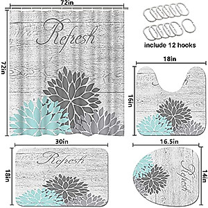 DuoBaorom 4 Pieces Set Teal and Grey Flower Shower Curtain Set Dahlia Floral Relax Sign Picture Print on Non-Slip Rugs Toilet Lid Cover Bath Mat and Bathroom Curtain with 12 Hooks 72x72inch