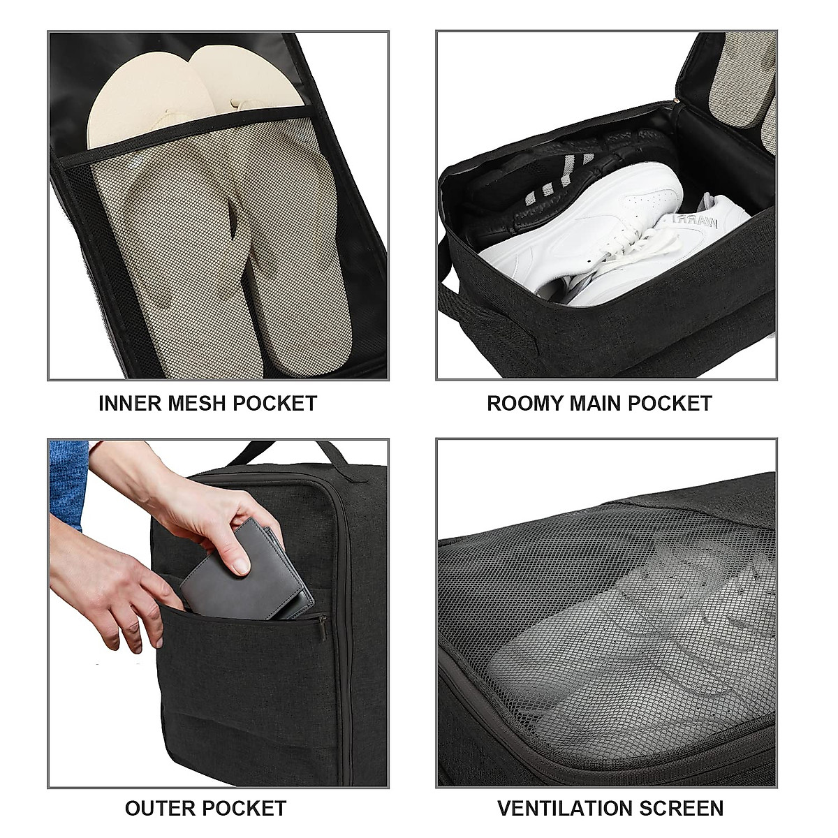 emissary Shoe Bag Holds 3 Pair of Shoes for Travel, Large Waterproof Shoe Bags for Storage, Shoe Bags for Travel With Pocket, Travel Shoe Bags for Packing, Sneaker Travel Bag for Women Men(Black)