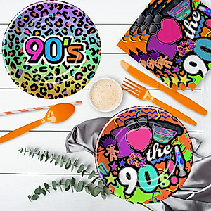 HIPVVILD 90's Party Decorations Tableware - 90s Theme Birthday Party Supplies Include Paper Plate, Cups, Napkins, Tablecloth, Cutlery, Straw, 90s Theme Birthday Party Decorations Dinnerware | Serve 24