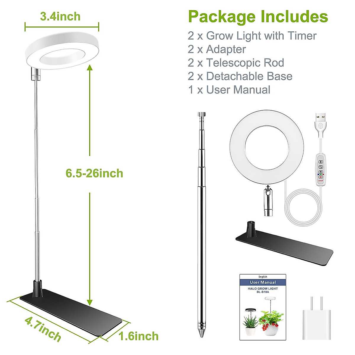 Kullsinss Grow Lights for Indoor Plants, Full Spectrum Halo Growing lamp with Detachable Base, Height Adjustable, 3 Colors, 10 Dimming, Automatic Timer, Plant Light for Small Plants Growing, 2-Pack