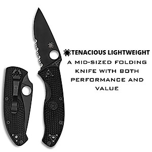 Spyderco Tenacious Lightweight Folding Utility Pocket Knife with 3.39" Black Stainless Steel Blade and Black FRN Handle - Everyday Carry - CombinationEdge - C122PSBBK