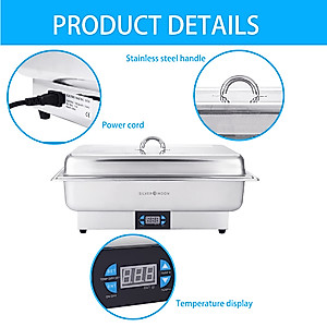 SILVER MOON 9 QT Electric Chafing Dish Buffet Set with Stainless Steel Lid, Digital Display Temperature Full Size Electric Chafer, Chafing Dish for buffet, Buffet Servers and Food Warmers for Parties