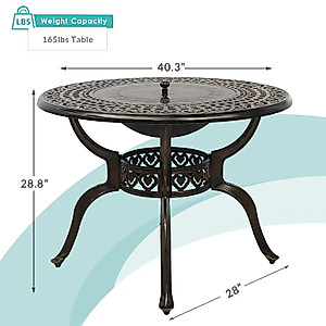 MEETWARM 40.3" Patio Fire Pit Dining Table Round Charcoal and Wood Burning, Outdoor All Weather Cast Aluminum Patio Furniture with Fire Bowl, Cooking BBQ Grill, Wood Grate, Spark Screen and Poker