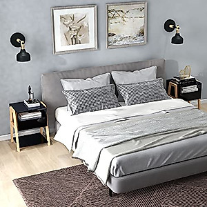 UYIHOME Nightstand Set of 2 with Drawers and Open Shelves, Modern High Gloss Bedside Table with Storage & Trapezoid Rubberwood Leg Frame, Sofa Side End Accent Table for Bedroom, Black