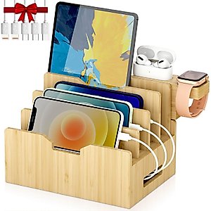 Bamboo Charging Station for Multiple Devices with Integrated Watch & Earbuds Stand, Desktop Charging Docking Station Organizer for Cell Phone, Tablet, 5 Charging Cables Included（No Power Supply）