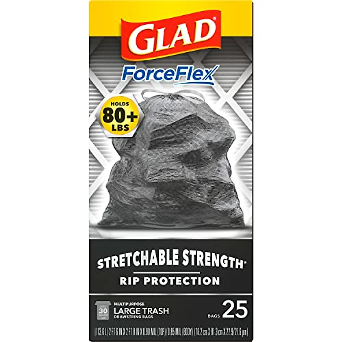 Glad Large Drawstring Trash Bags, ForceFlex 30 Gallon Black Trash Bags, 25 Count