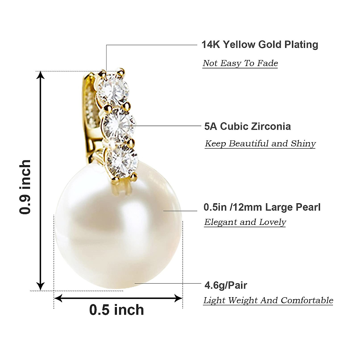Pearl Earrings for Women 14K Gold Plated Hypoallergenic Pearl Earrings 5A Cubic Zirconia Dangle Earrings Elegant Jewelry (1-Gold)