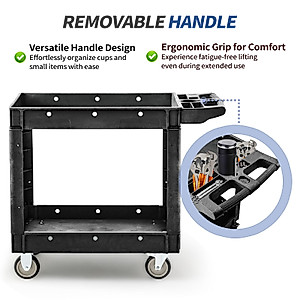 LoJok 640 LBS Capacity Heavy Duty Utility Cart with Wheels, Plastic 2-Tier RollingTool Cart Black, 360° Universal Wheels with 2 Brakes for Warehouse, Garage