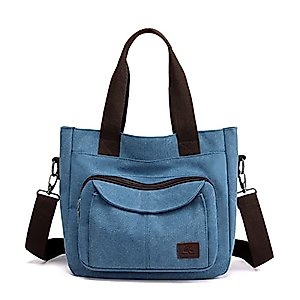 Women's Canvas Shoulder Crossbody Bag Small Tote Purse Multi-pocket Work Bags Top Handle Handbag (Blue)