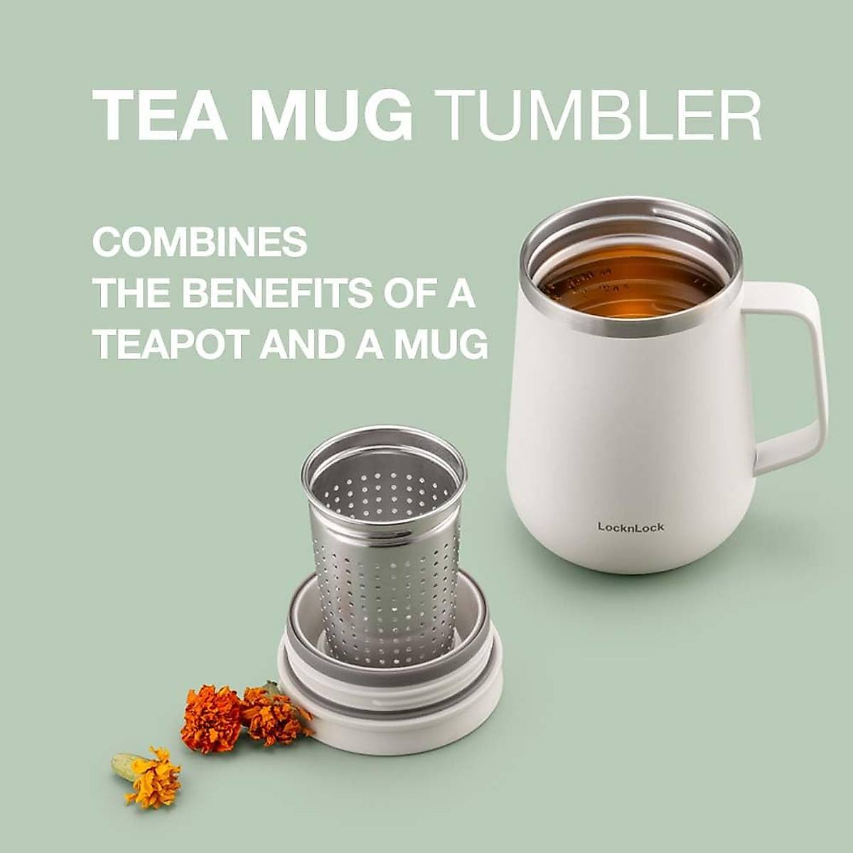 LocknLock Metro Tea Mug Mint 13oz/400ml, Tea and Coffee Mug Cups with Tea Infuser Strainer, Lid and Handle, Double Wall Stainless Steel Vacuum Insulated Travel Tumbler