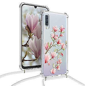 kwmobile Crossbody Case Compatible with Samsung Galaxy A50 Case Strap - Magnolias Pink/White/Transparent