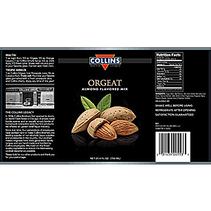 Collins Orgeat Syrup, Orgeat Simple Syrup, Real Sugar Cocktail Syrups, Soda Water Flavors, Cocktail Mixers, 32 Ounces, Set of 1