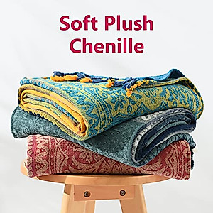 Y-PLWOMEN Bohemian Chenille Throw Blanket for Couch, Woven Jacquard Boho Blankets wiz Tassel, Hippie Tribal Blanket for Bed Sofa Recliner Loveseat Decor(Red Yellow, 60x75)