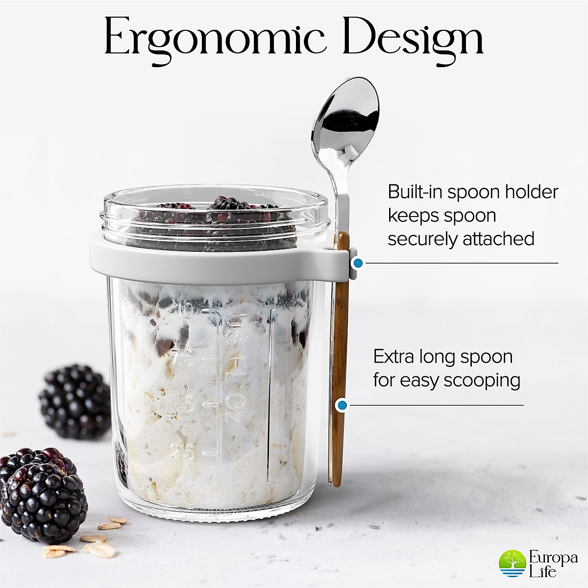 Overnight Oats Containers With Lid And Spoons | Mason Jars For Overnight Oats, Milk, Cereal| Small Containers with Lids | 10 OZ Each | Oatmeal Container | Includes Instructions & Recipes (Grey & Grey)