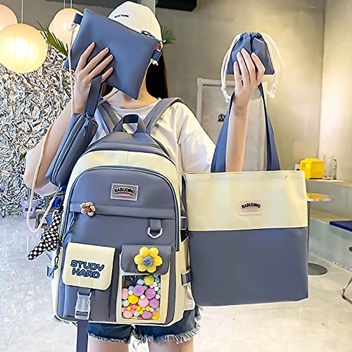 YGYCF Kawaii Backpack 5Pcs Set for Student with Cute Knot Accessories - School Bags for Teen Girls Back to School Supplies Essentials Aesthetic Bookbag, C Blue