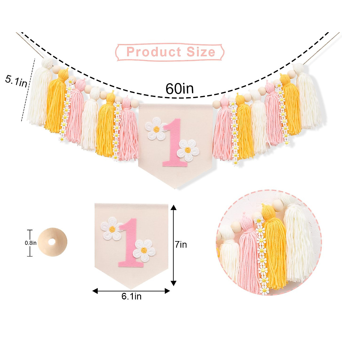Daisy 1st Birthday Highchair Banner - Pink Yarn Tassel Banner,Girl's Pastel Cake smash Garland,Boho 1st birthday decor,Daisy Theme First Birthday Party Decoration,Pink 1st Birthday Cake Smash Backdrop