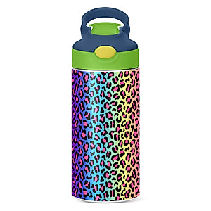 ALAZA Neon Rainbow Leopard Cheetah Kids Water Bottles with Lids Straw Insulated Stainless Steel Water Bottles Double Walled Leakproof Tumbler Travel Cup for Girls Boys Toddlers 12 oz / 350 ml,Green