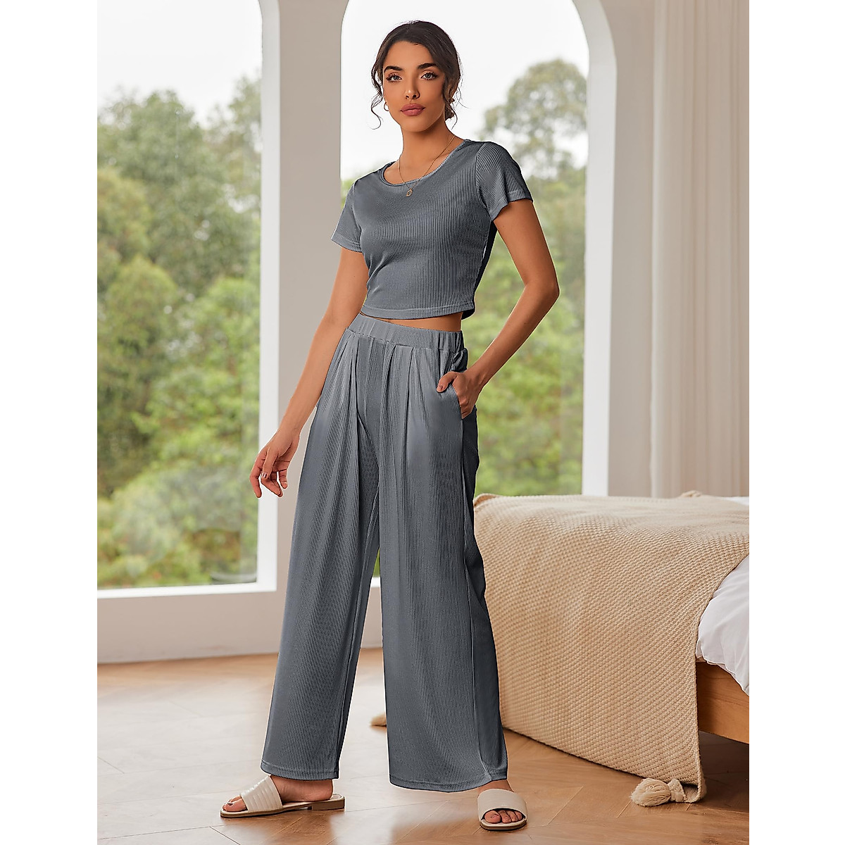 Ekouaer Women's 2 Piece Lounge Sets Short Sleeve Pajama Set Ribbed Knit Crop Top Wide Leg Pants Loungewear,Dark Gray,M