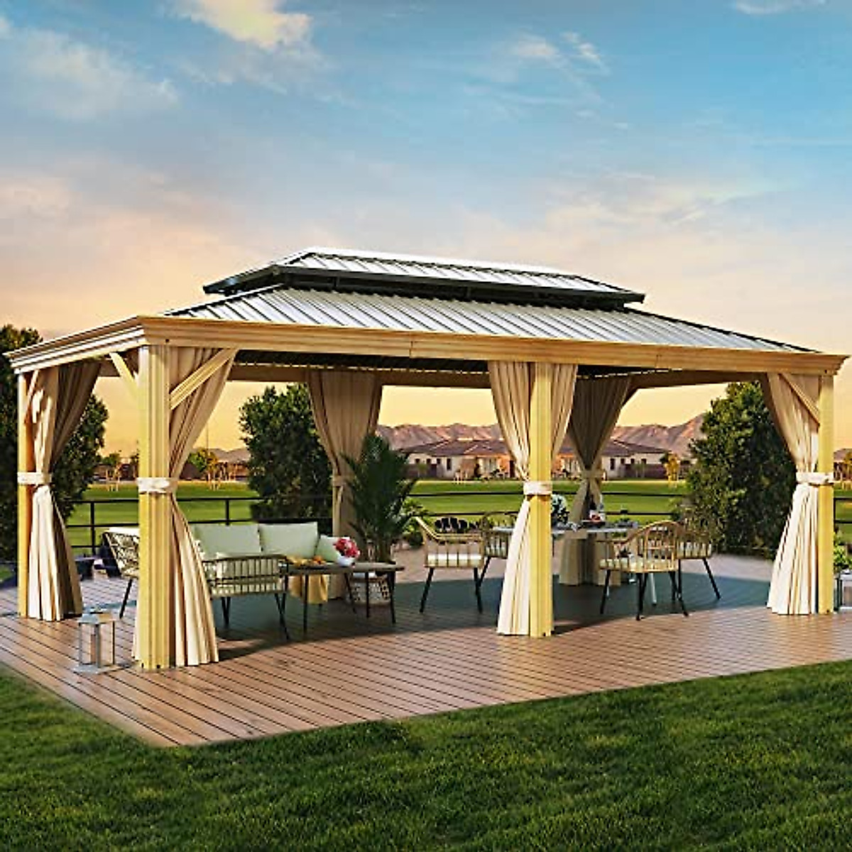 YITAHOME 12x20ft Hardtop Gazebo with Nettings and Curtains, Wood Grain Heavy Duty Double Roof Galvanized Steel Outdoor Combined of Vertical Stripes Roof for Patio, Backyard, Deck, Lawns, Brown