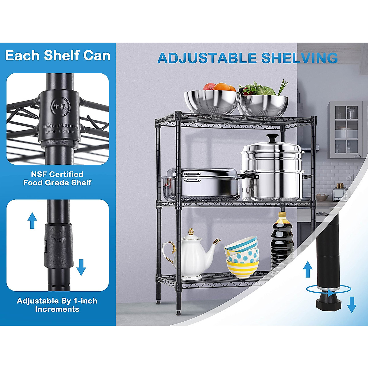 MKDLUFEI 3-Tier Wire Shelving Unit Adjustable Height 450Lb Capacity Small Metal Shelving for Storage 24"x14"x30" Metal Shelves for Kitchen, Office, Pantry, Laundry, Closet, Organizer Wire Rack