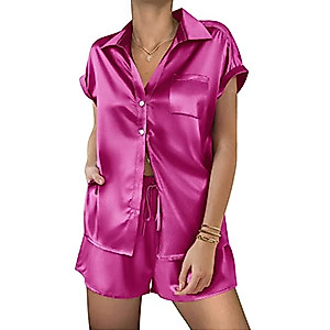 Ekouaer Pajamas For Women Silk Soft Sleepwear Short Sleeve Button Down Pjs Satin Top And Shorts 2 Piece Lounge Set Rose Red XXL