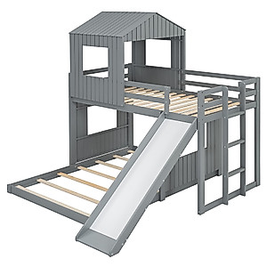 MERITLINE House Bunk Beds with Slide, Twin Over Full Bunk Bed for Kids with Playhouse Design, Wood Toddler Bunk Beds with Roof,Windows and Ladder for Boys or Girls, Gray