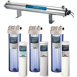 Bluonics 110W UV Ultraviolet Light Plus Sediment and Carbon Well Water Clear Filter Purifier System with NPT 1" Ports, 24 GPM UV Sterilizer with 3 Filter Size 4.5" x 20" Filters