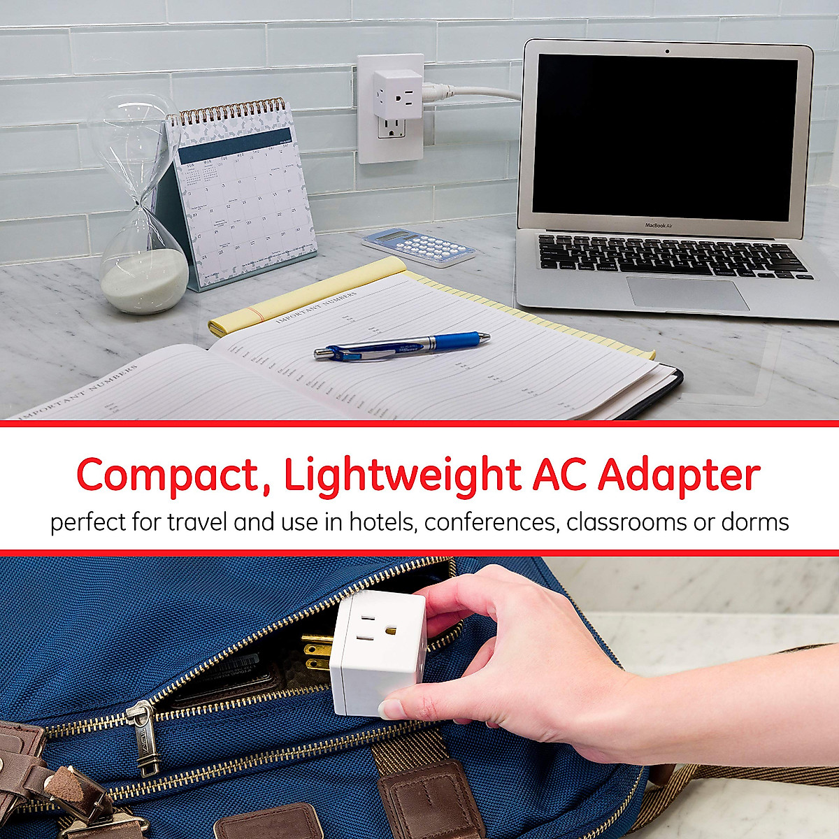 GE 3-Outlet Extender, Grounded Wall Tap, Adapter Spaced, 3-Prong, Multiple Plug, Power Splitter, Cruise Essentials, Use for Home Office School Dorm, UL Listed, White, 58368