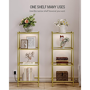 Hzuaneri Bookcase Bookshelf with LED Lighting, Tempered Glass Bookshelves, 8 Levels of Brightness and 20 Colors, Slim Shelving Unit for Bedroom Bathroom, Home Office, Steel Frame, 5 Tier Gold BC23599A