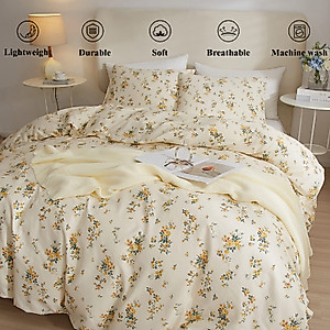 HANDONTIME Light Yellow Duvet Cover Yellow Rose Floral Queen Duvet Cover Set Botanical Floral Cotton Duvet Covers Green Leaves Lovely Bedding Set Comforter Cover with Zipper Ties, Spring Home Decor