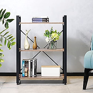 Small Bookshelf, 3 Tier Industrial bookshelf Wood Bookcase Shelves Storage, Standing Metal Frame Book Shelves for Living Room Bedroom and Office, Vintage Display 3 Tiers Open Shelf/Rack, Black/Brown