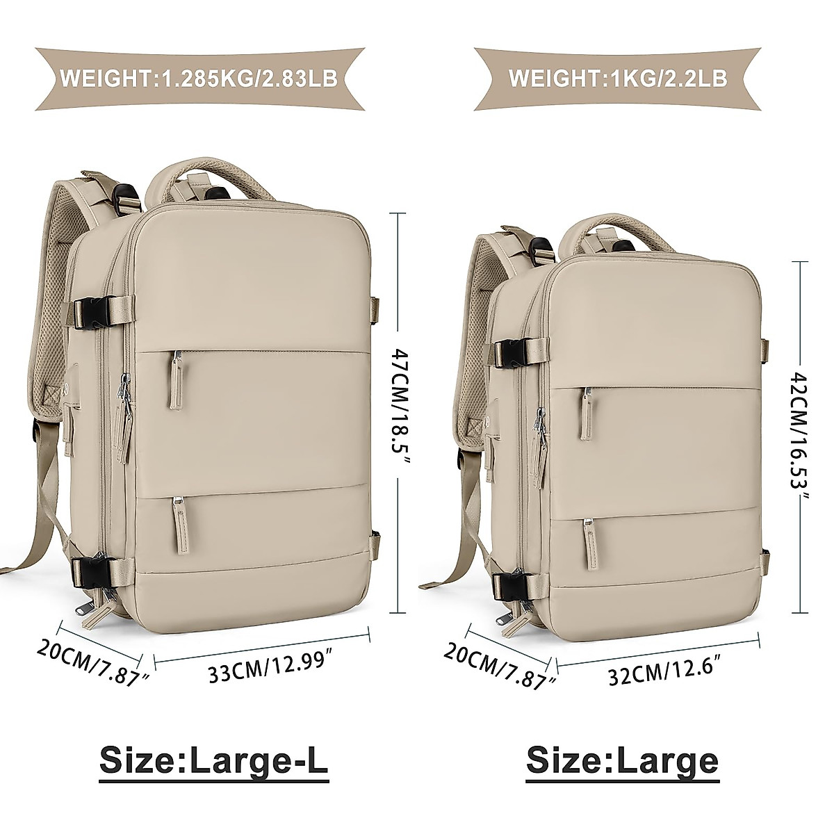 coowoz Large Travel Backpack For Women Men,Carry On Backpack Flight Approved,Hiking Backpack Waterproof Outdoor Rucksack Casual Daypack Fit 15.6 Inch Laptop Shoes Compartment (Khaki-L)