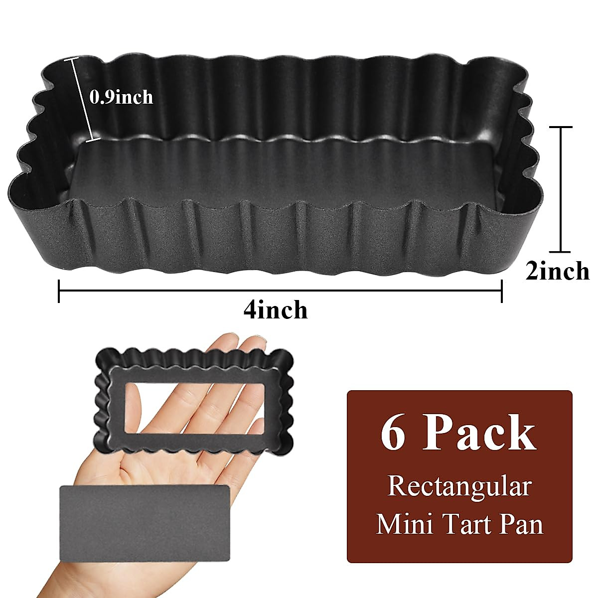 Elesinsoz Mini Tart Pan Set of 6, 4 Inch Rectangular Non-Stick Quiche Pan with Removable Bottom Heavy Duty Fluted Side, Mini Pie Pans for Quiche, Desserts, and Mousse Cakes