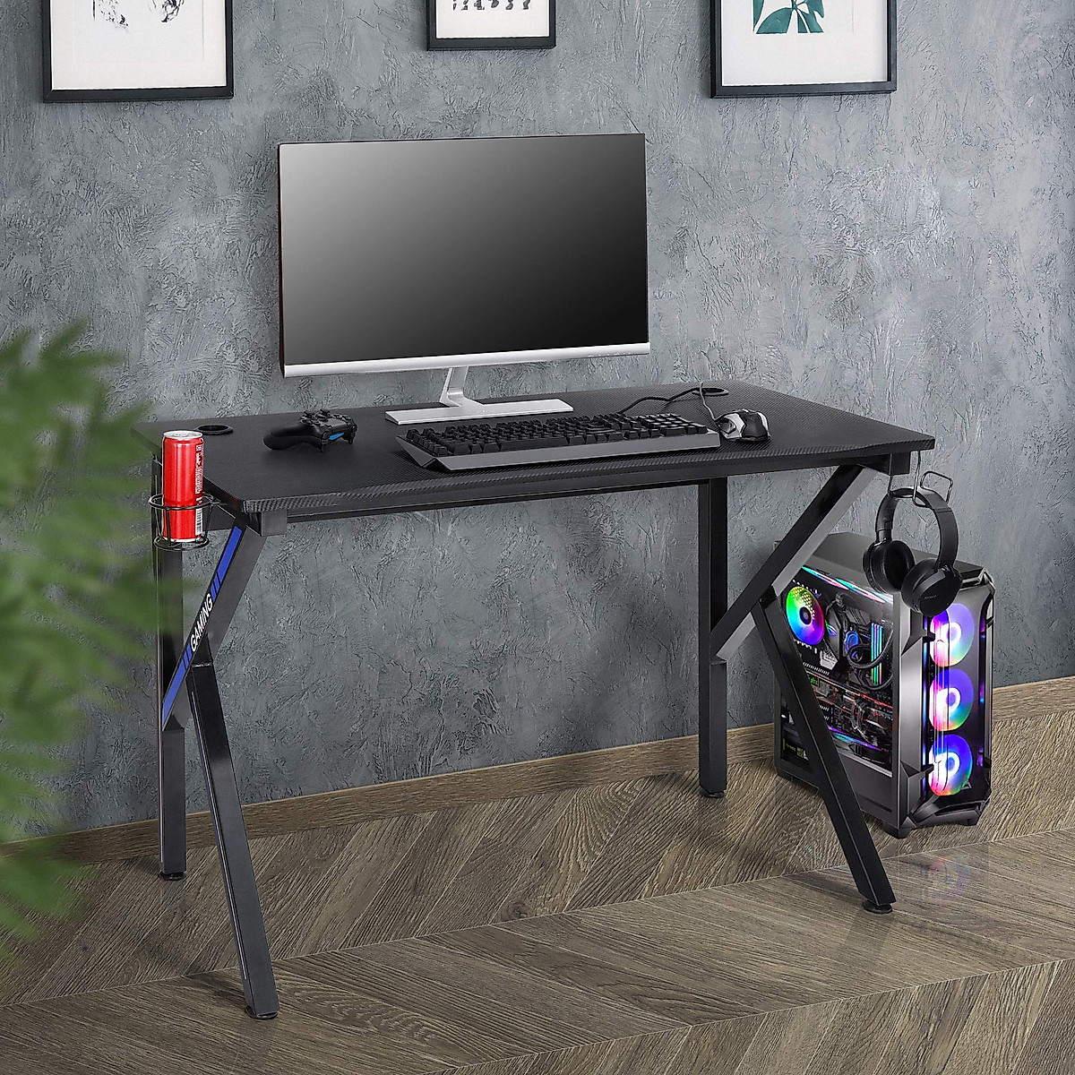 SUPER DEAL Gaming Desk 45" W x 23" D x 30" H Home Office Computer Desk w/Power Outlet, Free Red and Blue Stickers, Cup Holder, Headphone Hook, Black