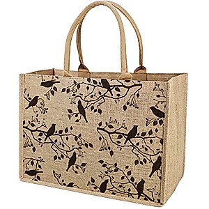 BeeGreen Burlap Tote Bag Jute Beach Bag with Laminated Interior & Inner Zipper Pocket for Teacher Mother's Day 17"×12.6"×7" Large Bird Bridesmaid Gift Tote Bag for Wedding Shopping