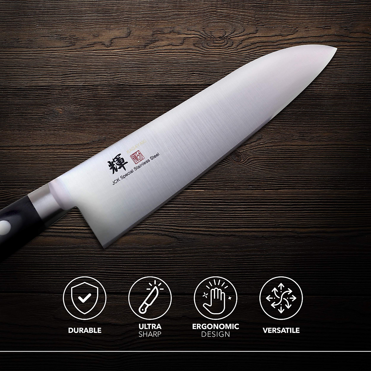JCK ORIGINAL Kagayaki Japanese Chef’s Knife, KG-3ES Professional Santoku Knife, VG-1 High Carbon Japanese Stainless Steel Pro Kitchen Knife with Ergonomic Pakka Wood Handle, 7 inch