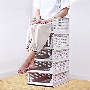 yazi Set of 5 Stackable Closet Storage Box, Plastic Drawer Organizer, Foldable Wardrobe Clothes Shelf Baskets, Folding Containers Bins Cubes, Perfect for Kitchen, Office, Bedroom & Bathrooms