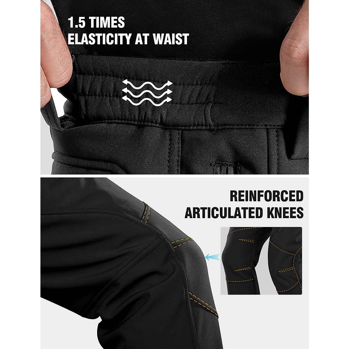 FREE SOLDIER Men's Fleece Lined Outdoor Cargo Hiking Pants Water Repellent Softshell Snow Ski Pants with Zipper Pockets (Black 34W x 30L)