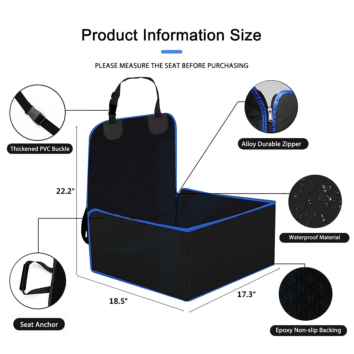 GURETER Dog Car Seat Cover for Front Seat, Dog Car Seat Cover Convertible Dog Booster Seat, Tear Resistant Pet Frontseat Cover for Car, SUV and Truck, Black with Blue Edge, Handbag Packed FCWLAGU7