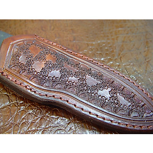 by Carl Thomas Jr. Custom Leather Knife Sheath That Fits a Buck 692 Vanguard or Zipper. Tooled and Dyed Dark Brown.