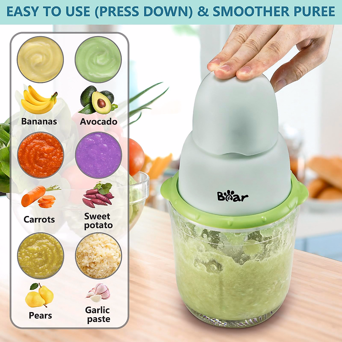 Bear Baby Food Maker, Baby Food Processor Set with Baby Food Containers, Silicone Spoons, Baby Food Puree Blender for Fruit, Vegetable, Meat, Make Fresh and Nutritious Meals for Your Little One