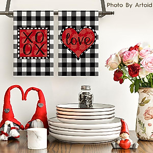 Artoid Mode Buffalo Plaid Love XOXO Kitchen Dish Towels, 18 x 26 Inch Seasonal Valentine's Day Anniversary Wedding Ultra Absorbent Drying Cloth Tea Towels for Cooking Baking Set of 2