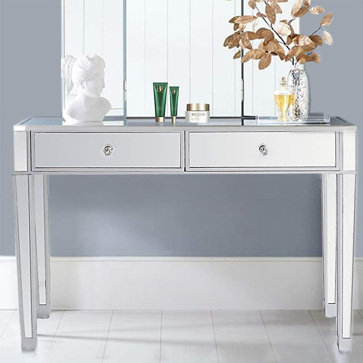 Binrrio Mirrored Console Table, Silver Glass Mirrored Makeup Vanity Table Desk for Women, Writing Desk Media Console Table for Home Living Room Bedroom Office Smooth Finish (Sliver-2 Drawers)