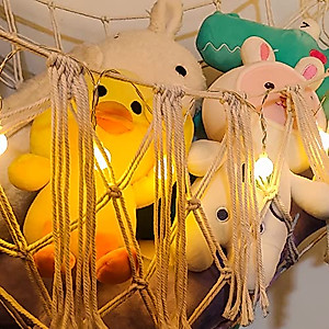 Weraher Toy Hammock Stuffed Animals Storage, Hanging Corner Mesh for Toy, Macrame Boho Teddy Bear Storage with LED Light for Boys Girls for Bedroom Nursery Playroom (White)