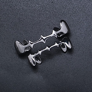 Huliyhus 18K Gold Plated Hip Hop Teeth Grillz Caps Top and Bottom Vampire Fangs Grills Set for Men Women Party Accessories Teeth Grills (03, Silver), One Size
