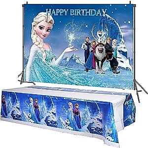 Frozen Elsa Princess Happy Birthday Party Decorations Supplies Girls Birthday Party Wall Backdrop and Tablecloth Photography Background Photo Banner for Kids Birthday Party