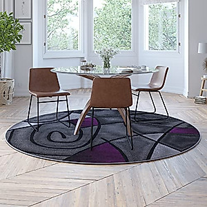 BizChair 7' x 7' Round Purple Abstract Area Rug - Olefin Rug with Jute Backing - Living Room, Bedroom, Family Room