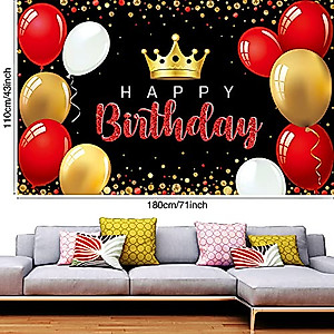 Happy Birthday Backdrop Birthday Banner Birthday Party Decorations Photo Booth Background Supplies Printed with Crown & Balloons 6 x 4ft (Black and Red)