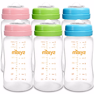 Matyz 6-Pack Breast Milk Storage Bottles (8 Ounce, 3 Colors) - Wide Neck Breastmilk Collection and Storage Bottle - Formula Storage Bottles Compatible with Medela Avent Spectra Pumps